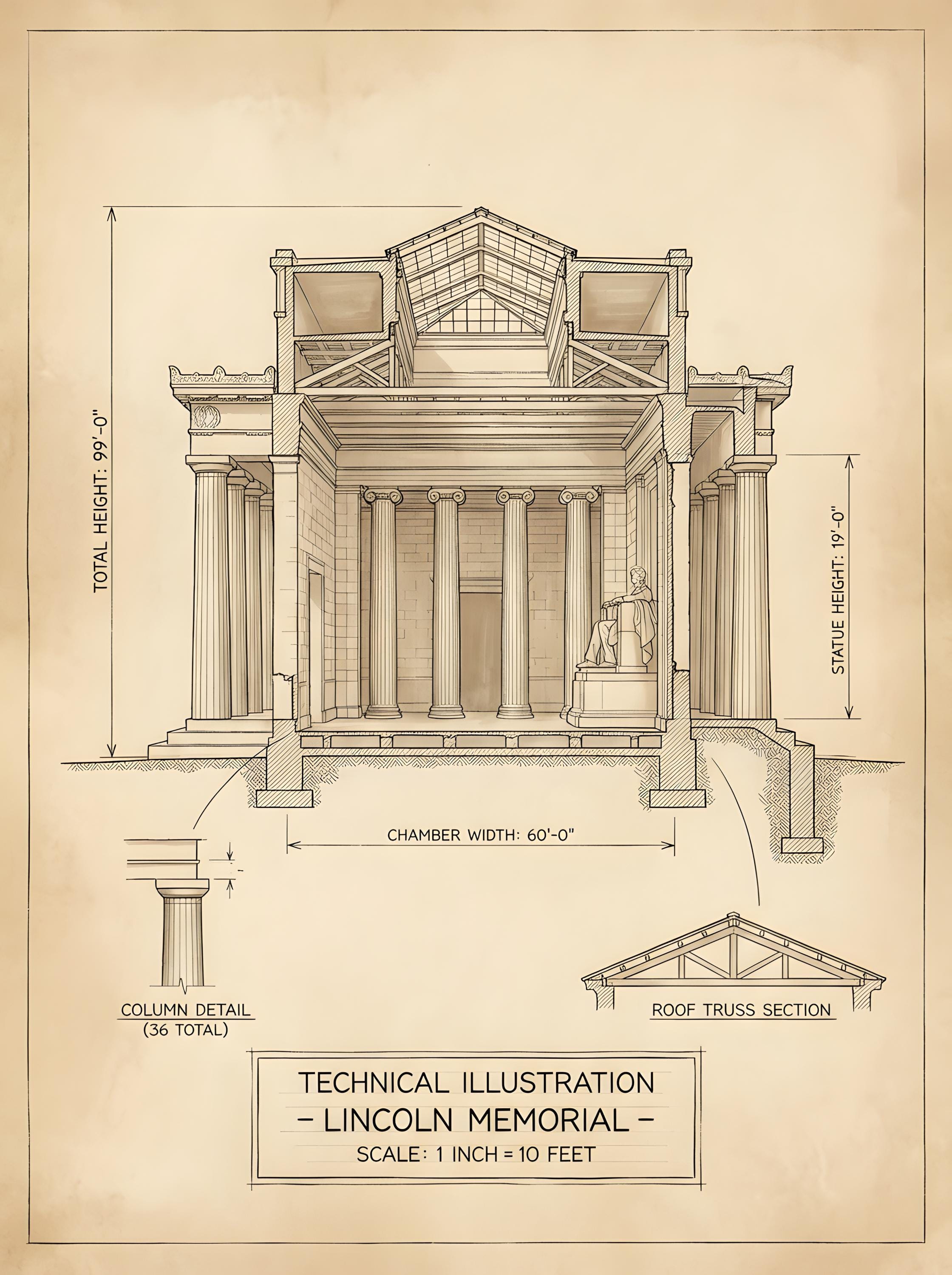 Lincoln Memorial Architectural Blueprint, Vintage Washington DC Poster ...