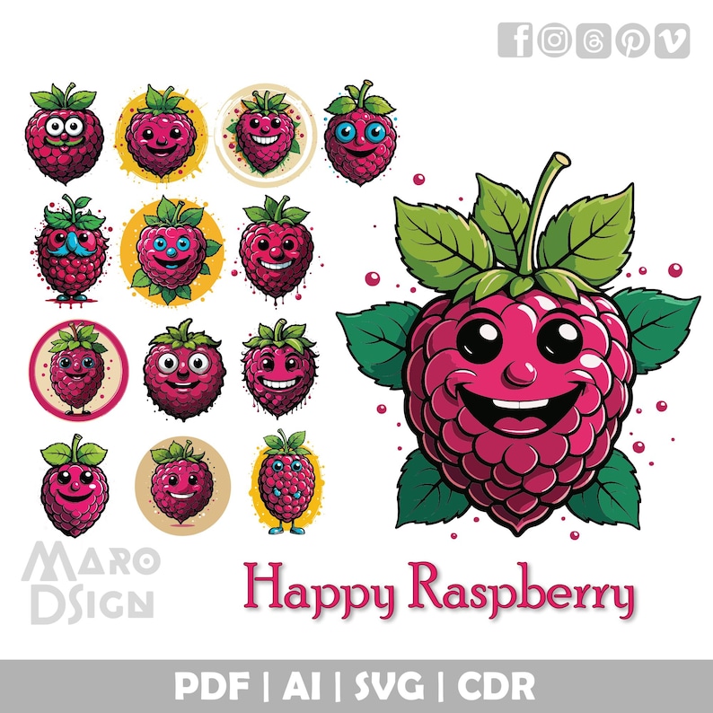 Happy Raspberry Clipart Bundle | Fun Cartoon Berry Illustration for ...