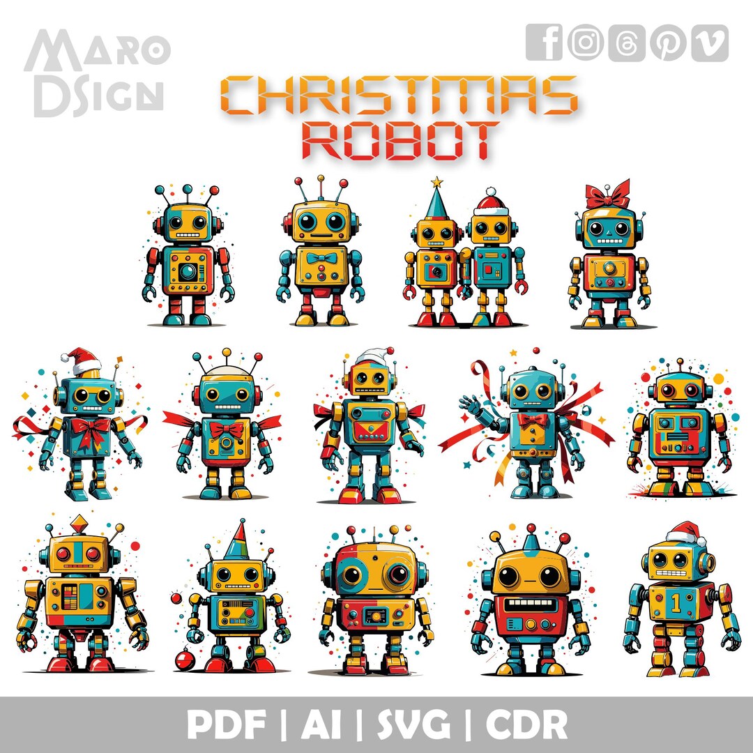 Christmas Robot Clipart Bundle | Fun Vector Illustration of a Holiday ...