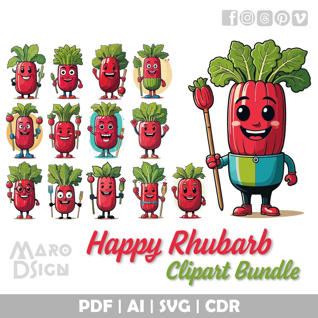 Happy Rhubarb Clipart Bundle | Fun and Cute Cartoon Rhubarb Character ...