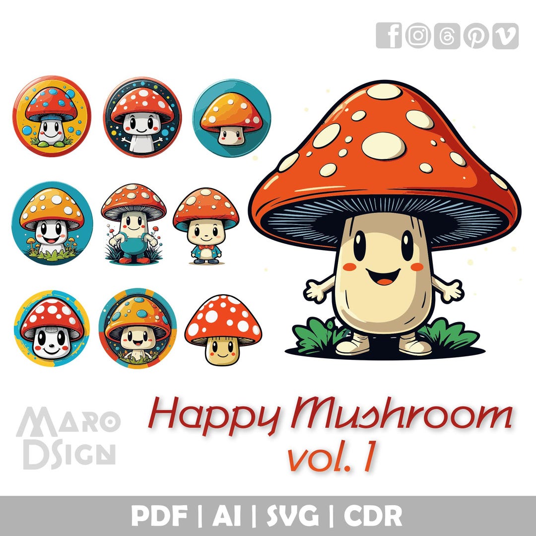 Happy Mushroom Clipart Bundle Vol.1 | Mushroom Art for Crafts, Stickers ...