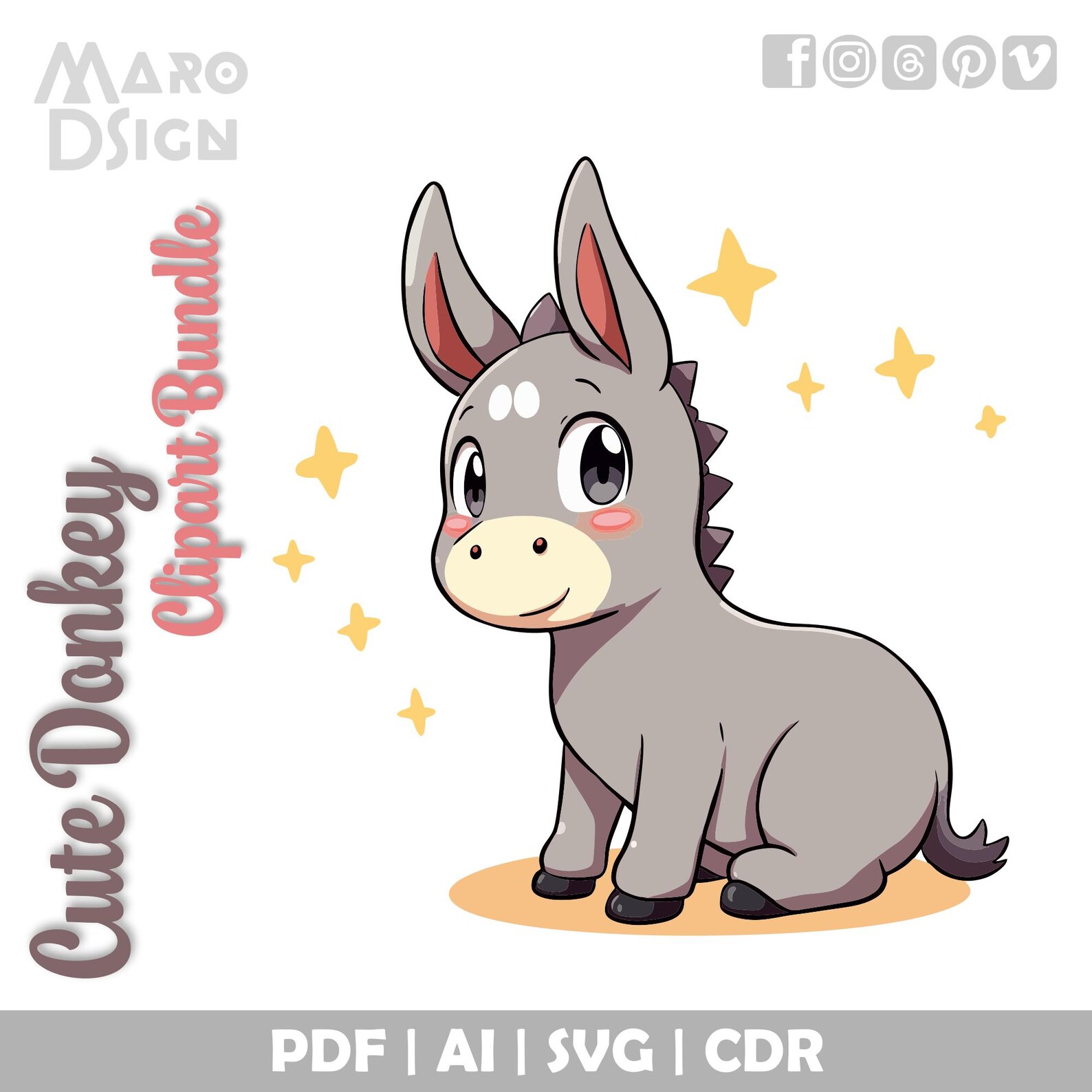 Cute Donkey Clipart Bundle | Adorable Manga Animal Character in Pastel ...