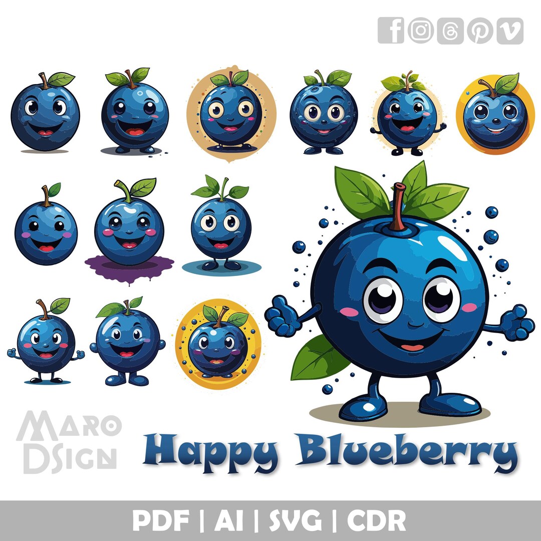 Happy Blueberry Clipart Bundle | Fun and Playful Smiling Blueberry ...