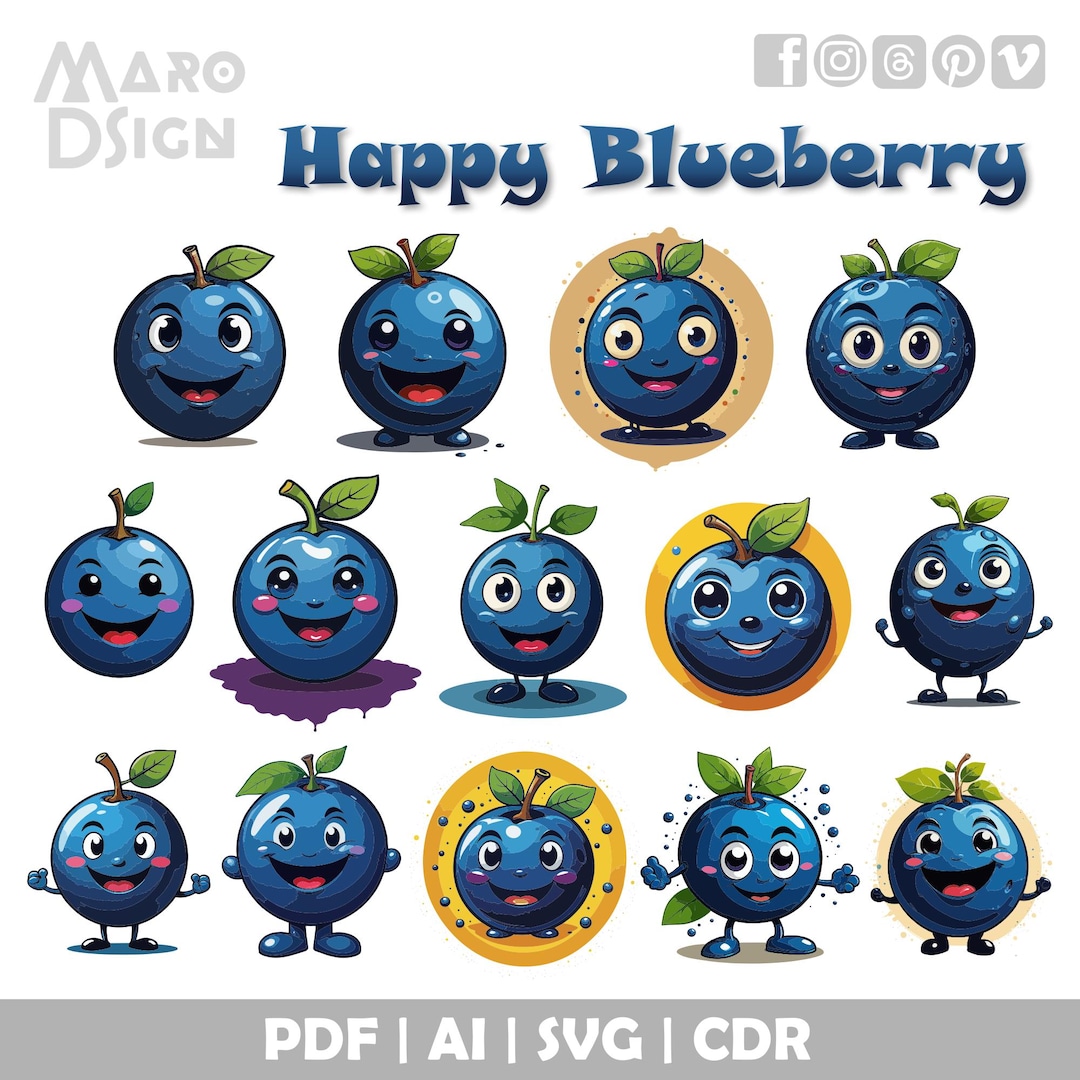 Happy Blueberry Clipart Bundle | Fun and Playful Smiling Blueberry ...