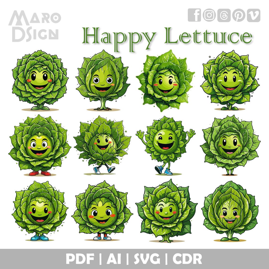 Happy Lettuce Clipart Bundle | Leafy Vegetable Illustration for Fun ...