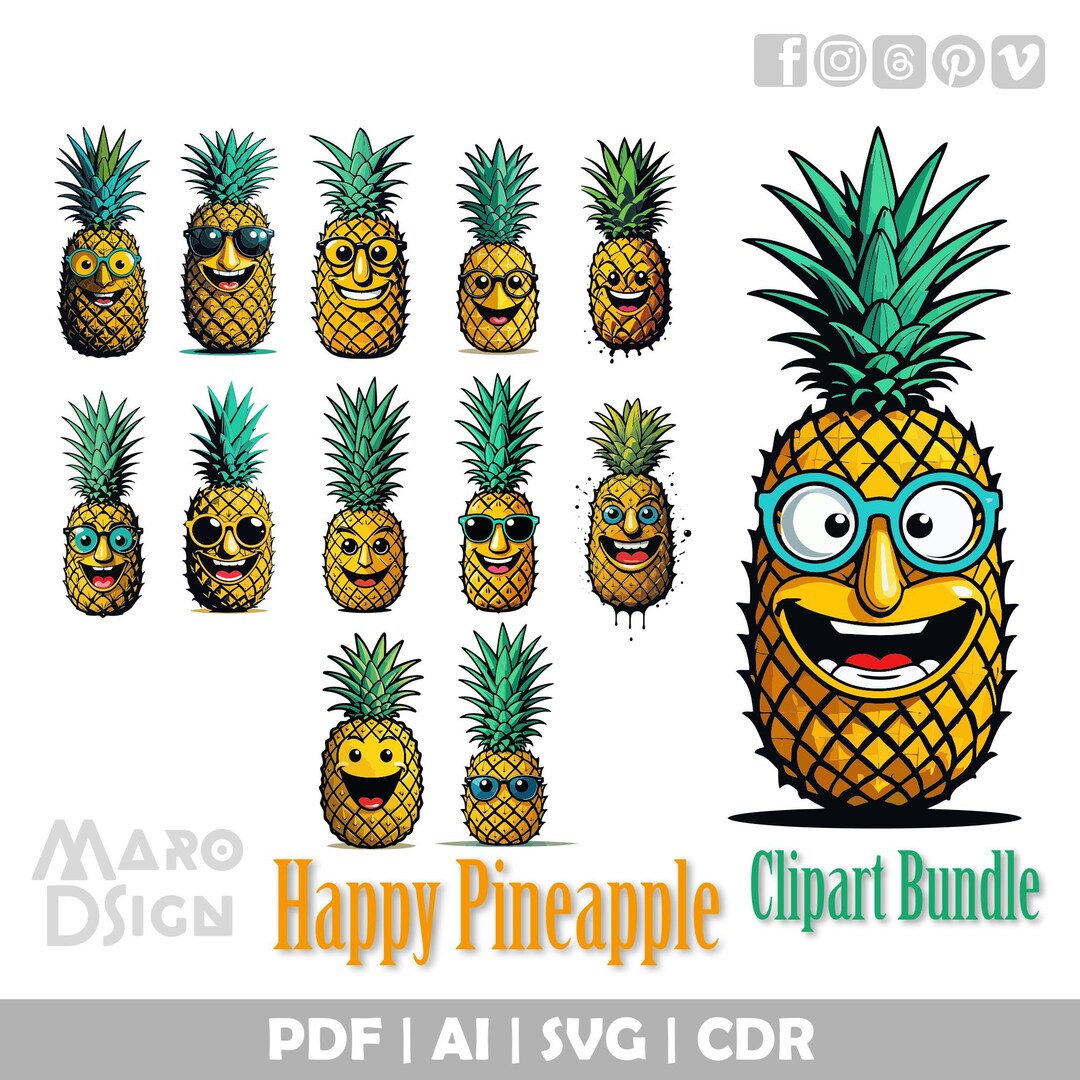 Happy Pineapple Clipart Bundle | Playful and Editable Cartoon Fruit ...