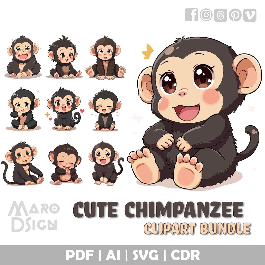Cute Chimpanzee Clipart Bundle | Anime-style Monkey Clipart in Japanese ...