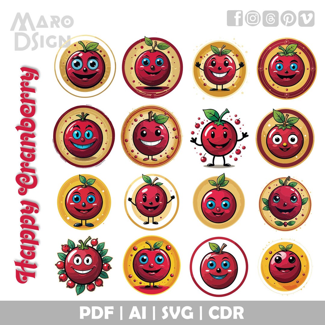 Happy Cranberry Clipart Bundle | Cute and Playful Smiling Vector for ...