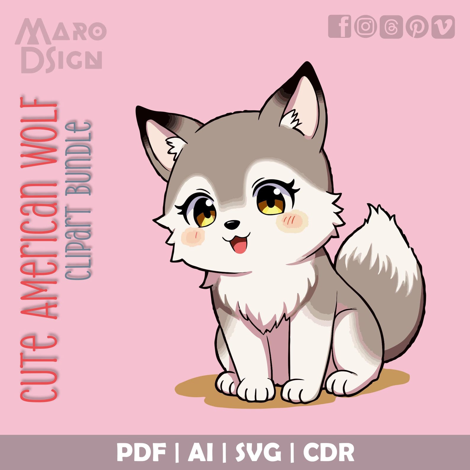 Cute American Wolf Clipart Bundle | Sweet Manga-style Wolf Cub ...