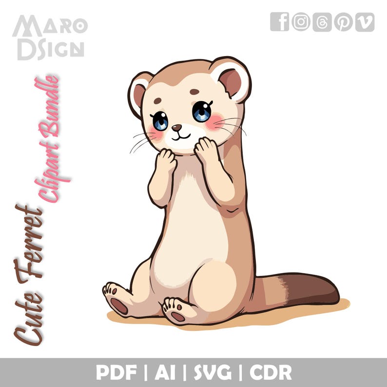 Baby Ferret Clipart Bundle | Chibi Pet Illustration With Big Eyes ...