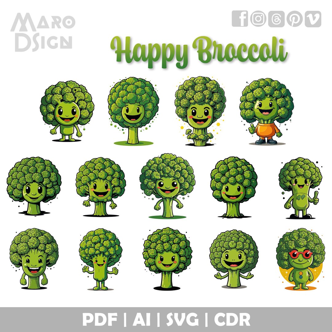 Happy Broccoli Clipart Bundle | Cheerful Vector Art for Food Graphics ...