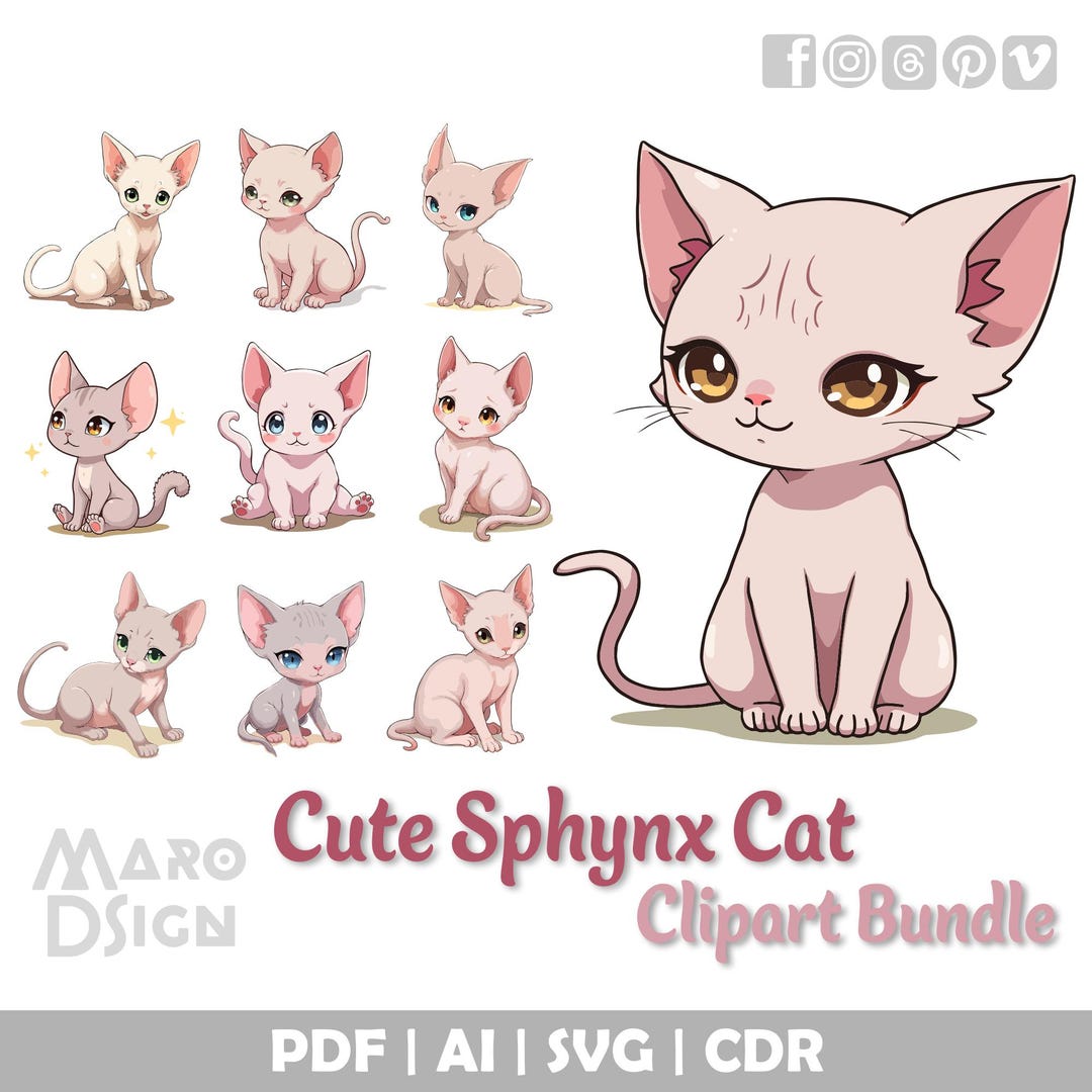 Cute Sphynx Cat Clipart Bundle | Adorable Chibi-style Hairless Kitten ...
