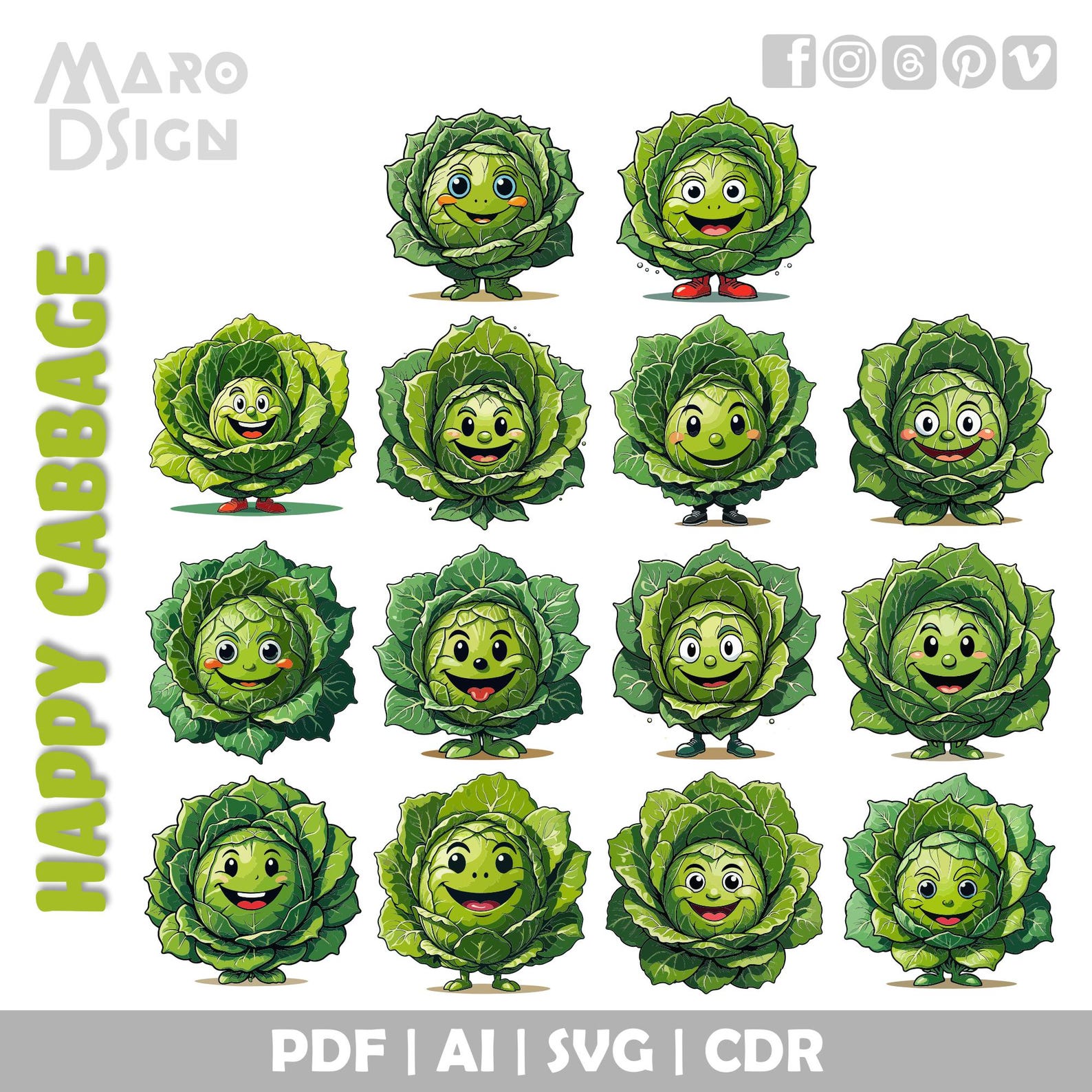 Happy Cabbage Clipart Bundle | A Fun and Friendly Vegetable ...
