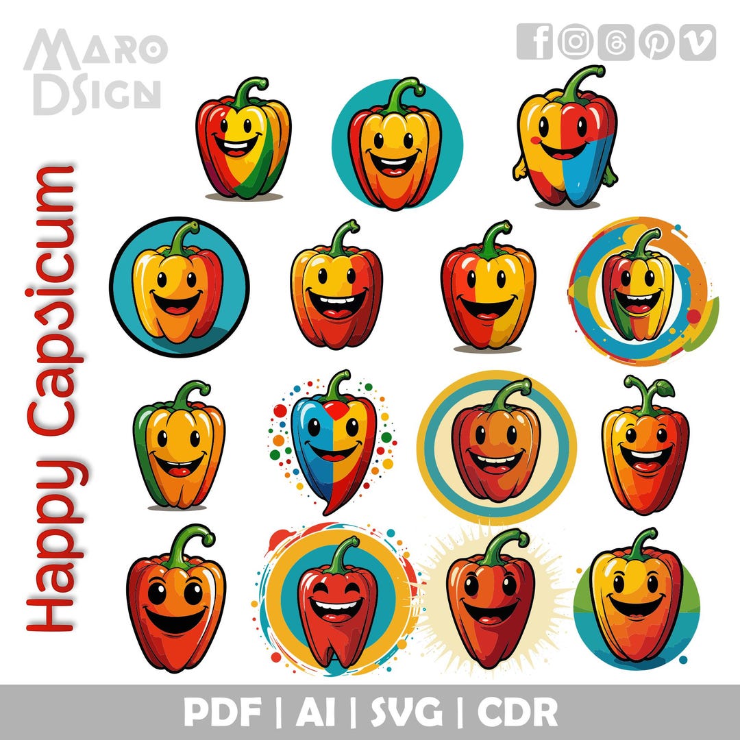 Happy Capsicum Clipart Bundle | Editable Artwork of a Smiling Bell ...