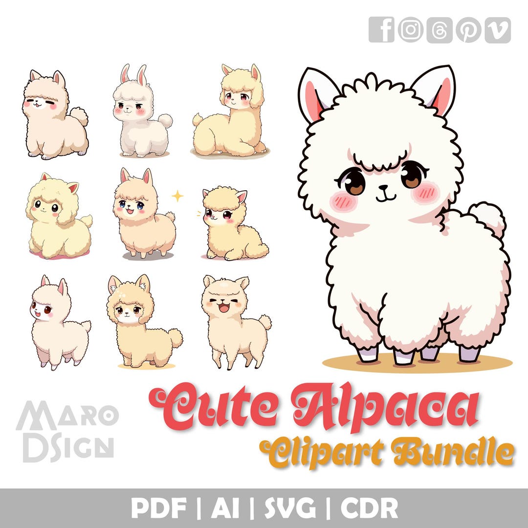 Cute Alpaca Clipart Bundle | Kawaii Pastel Alpaca Clipart With Big Eyes ...