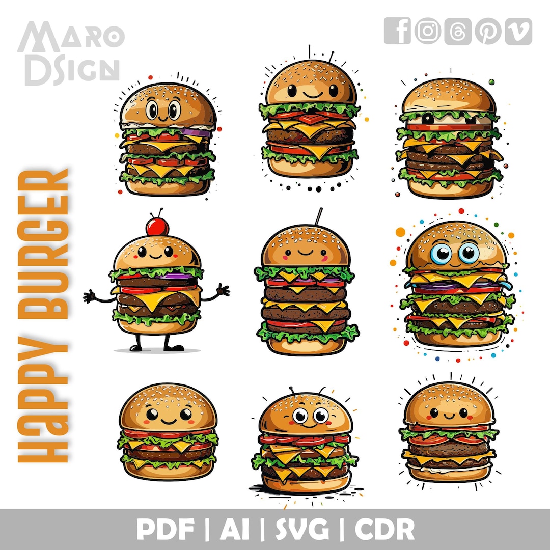 Happy Burger Clipart Bundle | Colorful Vector Clipart for Fast Food ...