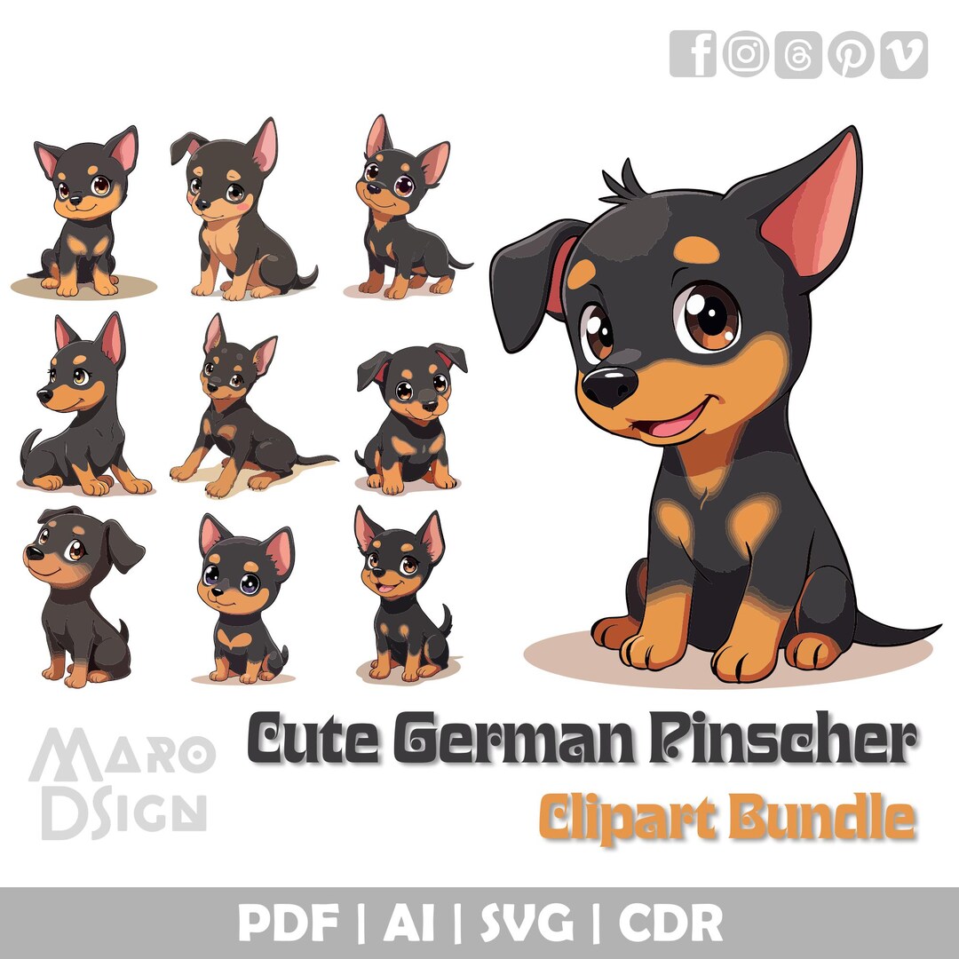 Baby German Pinscher Clipart Bundle | Playful Cartoon Puppy Vector for ...