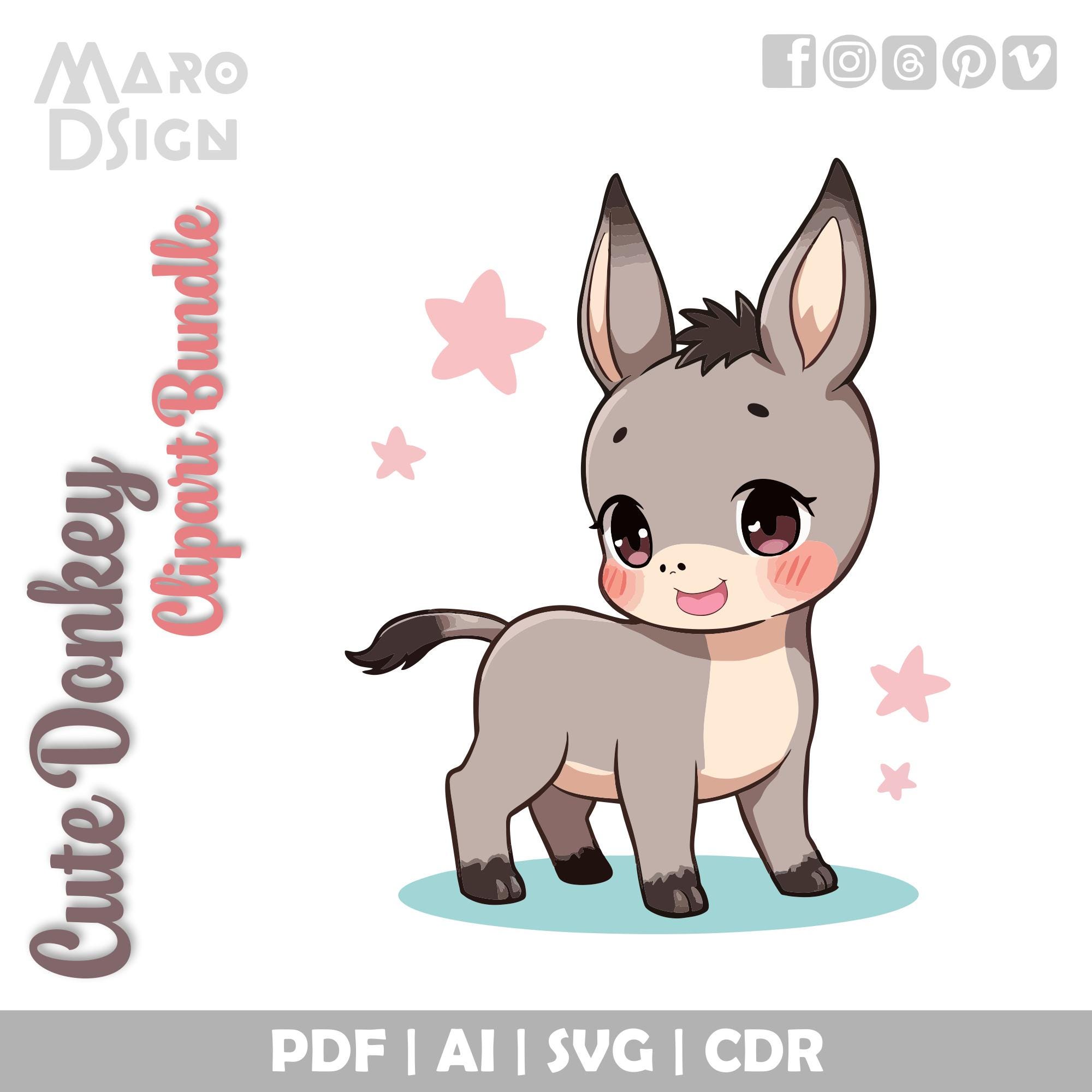 Cute Donkey Clipart Bundle | Adorable Manga Animal Character in Pastel ...