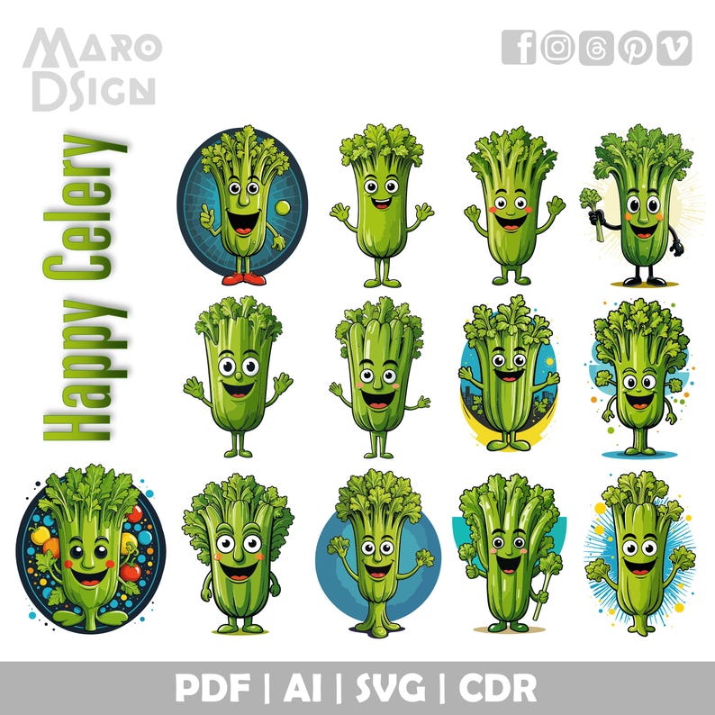 Happy Celery Clipart Bundle | Fun Cartoon Vector for Food-themed ...