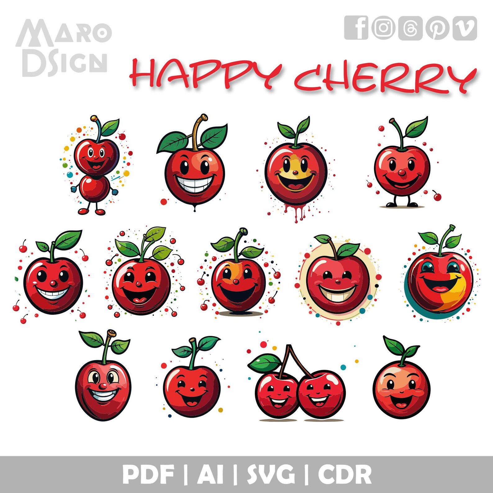 Happy Cherry Clipart Bundle | Fun, Editable Vector Art for Merch ...