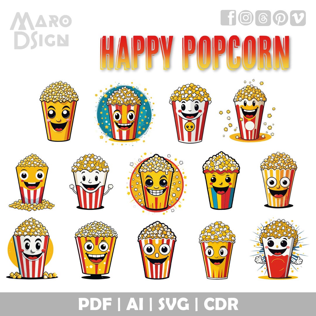 Happy Popcorn Clipart Bundle | Editable Cartoon Art, Perfect for Snack ...