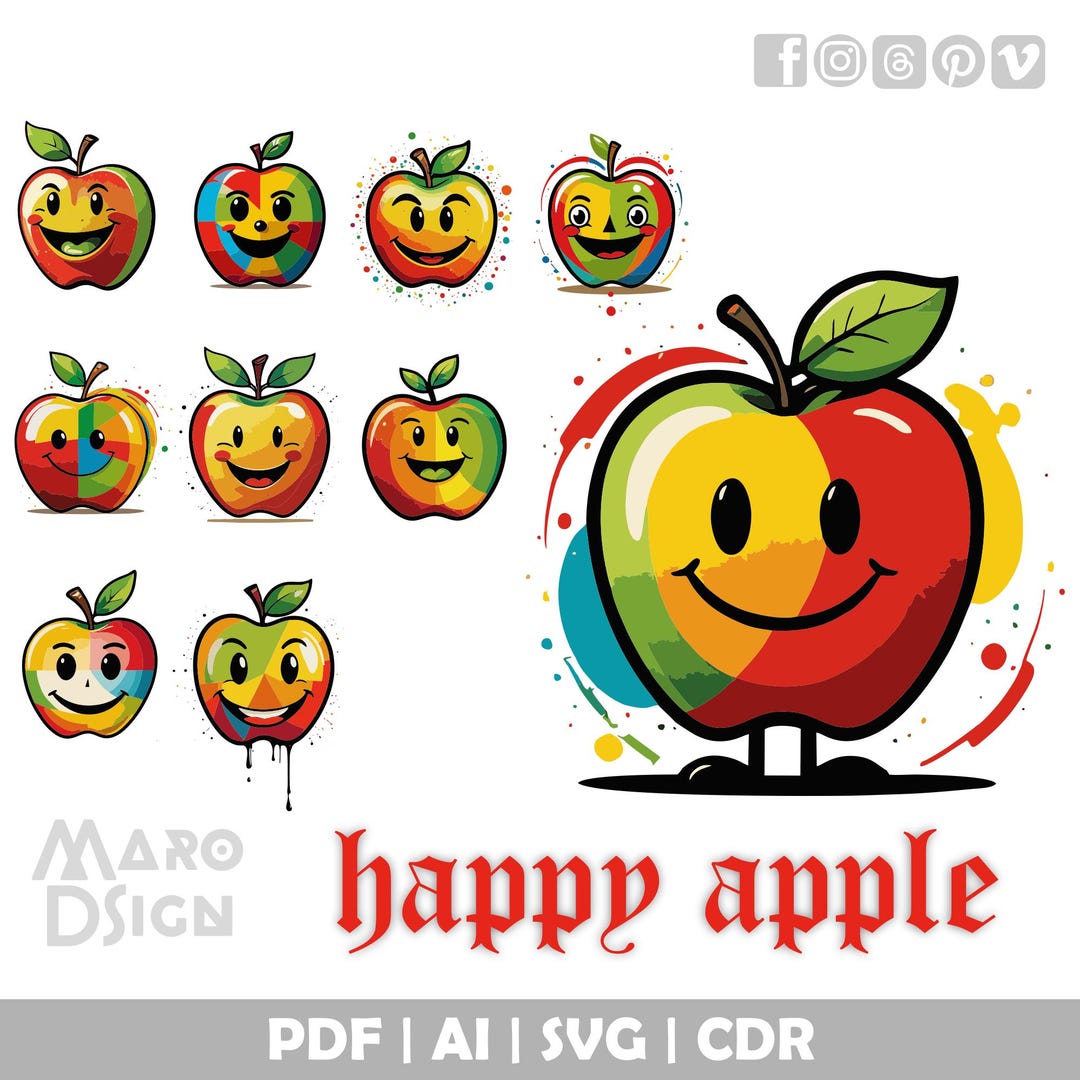 Happy Apple Clipart Bundle | Colorful, Playful Fruit Vector for DIY ...
