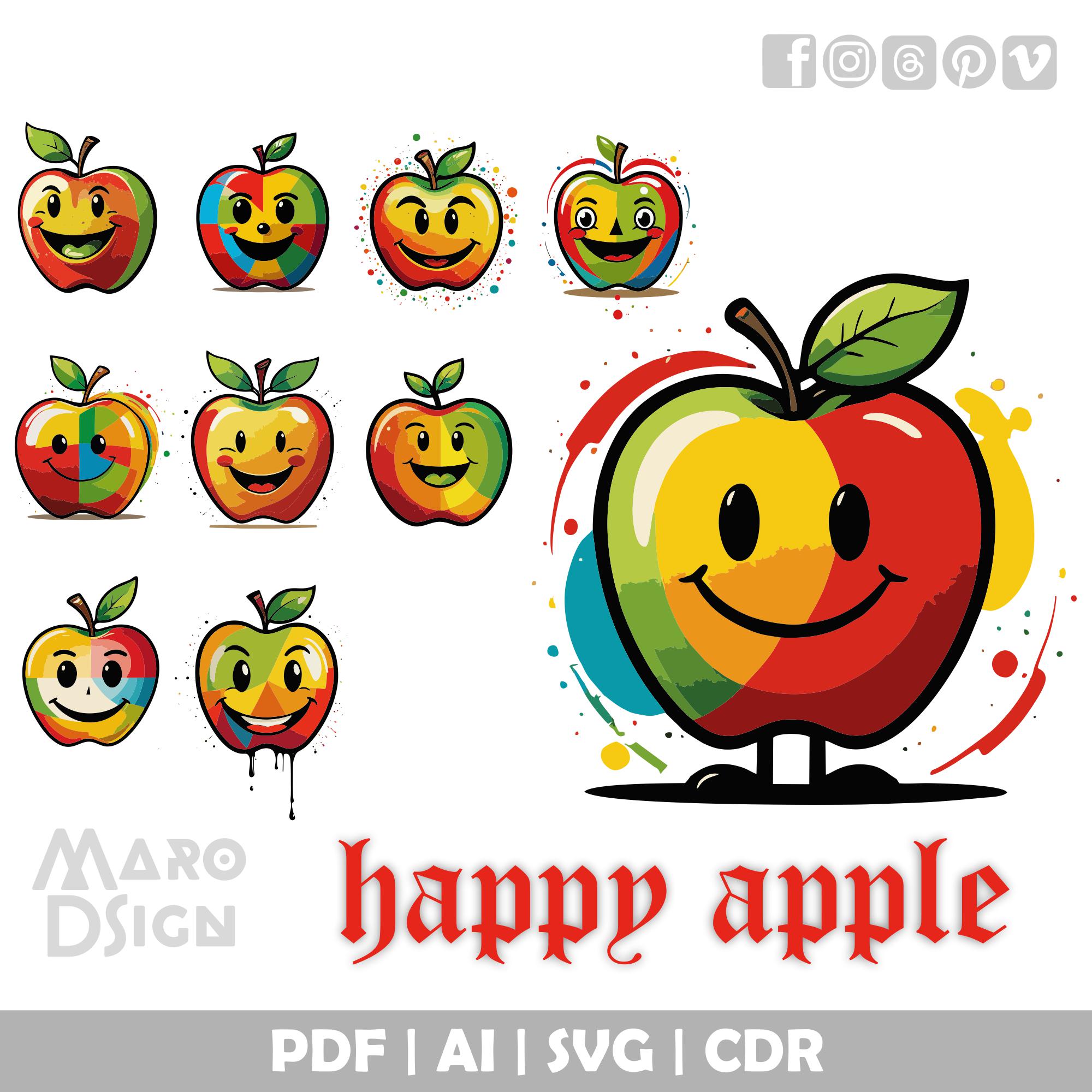 Happy Apple Clipart Bundle | Colorful, Playful Fruit Vector for DIY ...