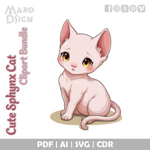 Cute Sphynx Cat Clipart Bundle | Adorable Chibi-style Hairless Kitten ...