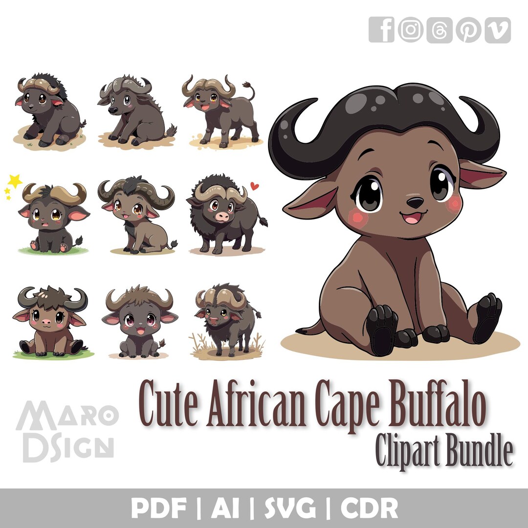 Baby African Cape Buffalo Clipart Bundle | Playful Buffalo Art for ...