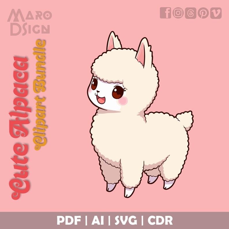 Cute Alpaca Clipart Bundle | Kawaii Pastel Alpaca Clipart With Big Eyes ...