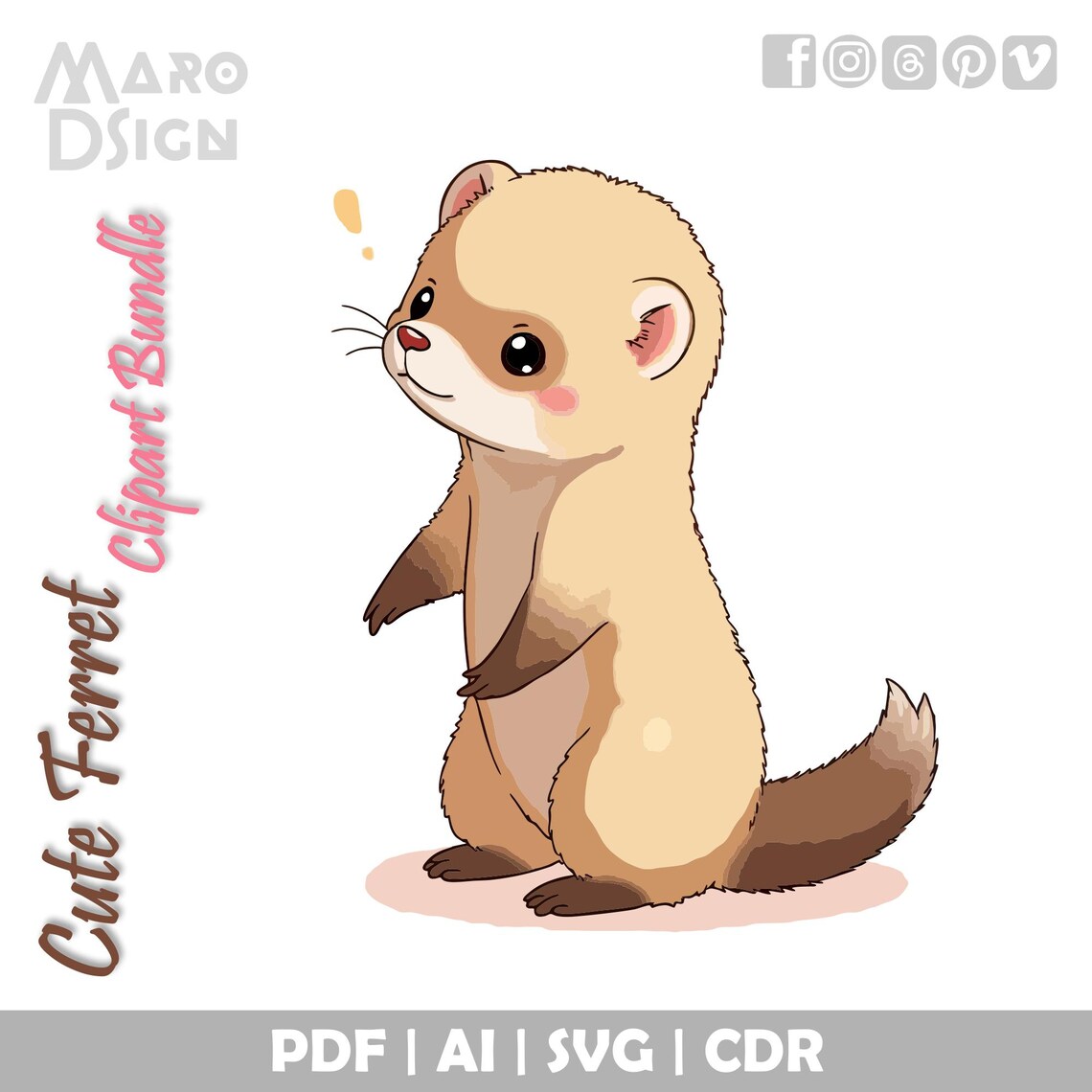 Baby Ferret Clipart Bundle | Chibi Pet Illustration With Big Eyes ...