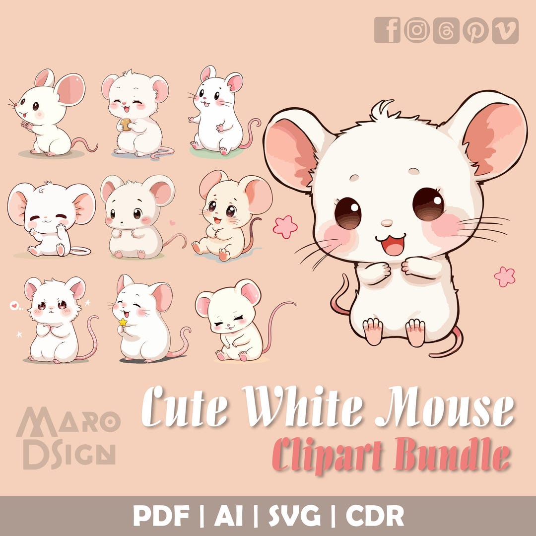 Cute White Mouse Clipart Bundle | Japanese Anime Mouse Illustration for ...