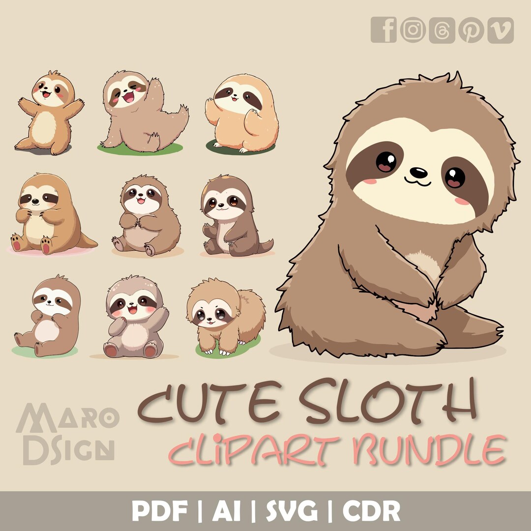 Cute Sloth Clipart Bundle | Lazy but Lovely Pixiv Style Animal Clipart ...