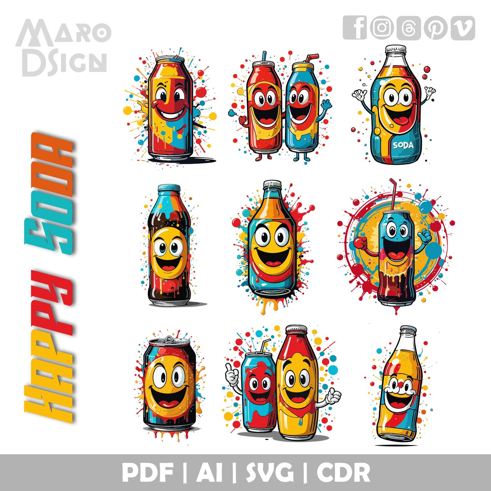 Happy Soda Clipart Bundle | Colorful Beverage Vector for DIY Projects ...