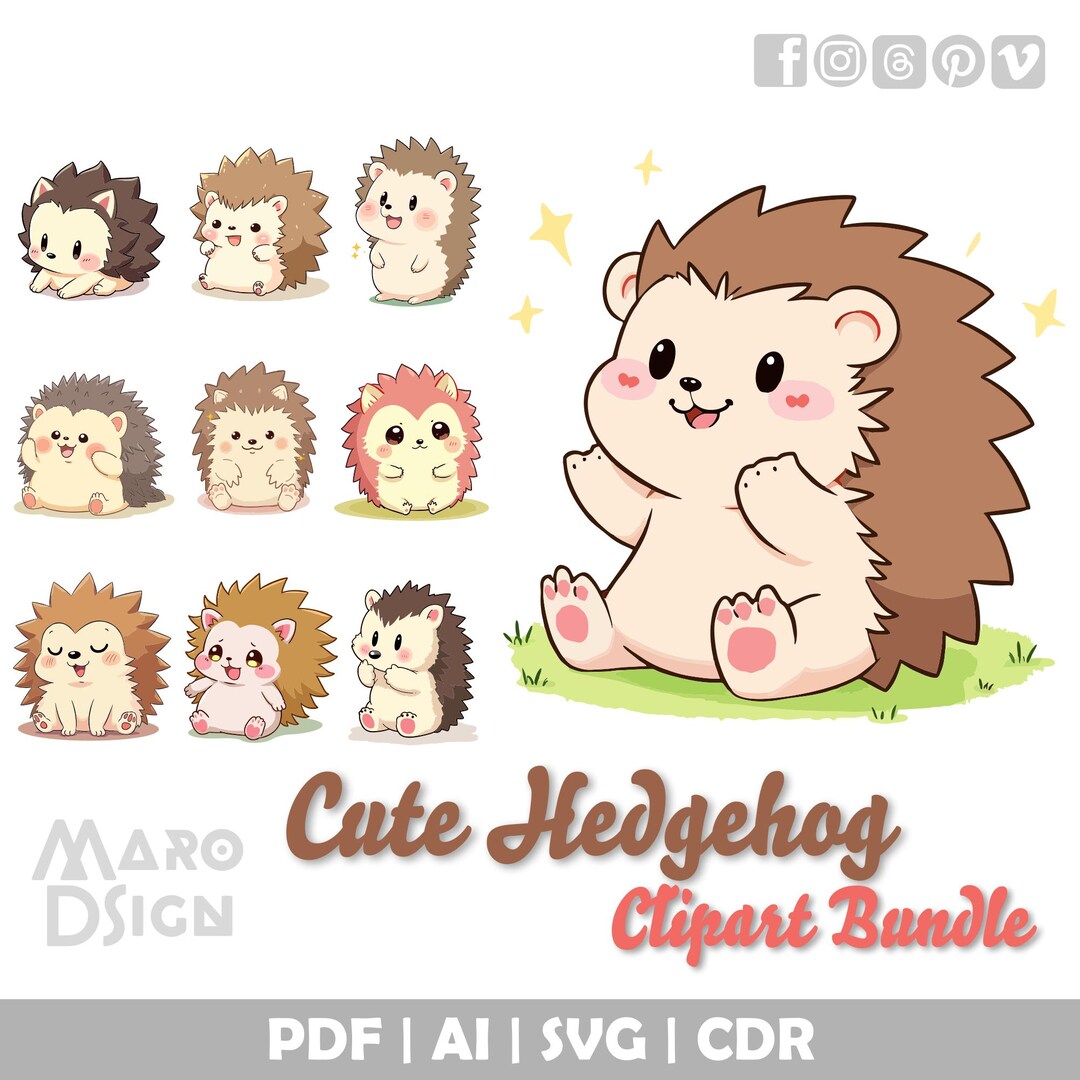 Baby Hedgehog Clipart Bundle | Chibi Woodland Animal in Manga Style for ...