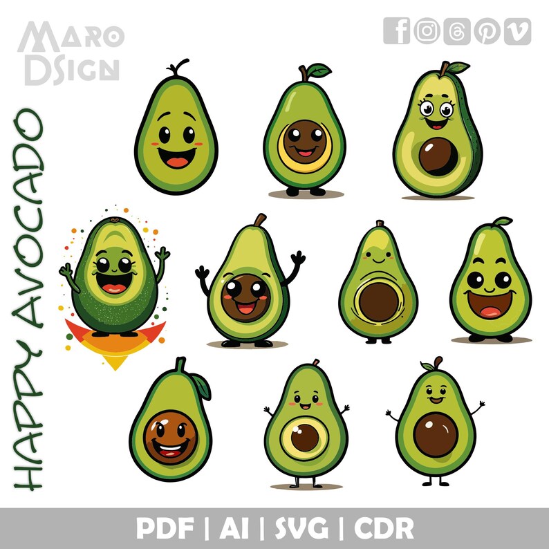 Happy Avocado Clipart Bundle | Cute & Colorful Food Art Clipart Ideal ...