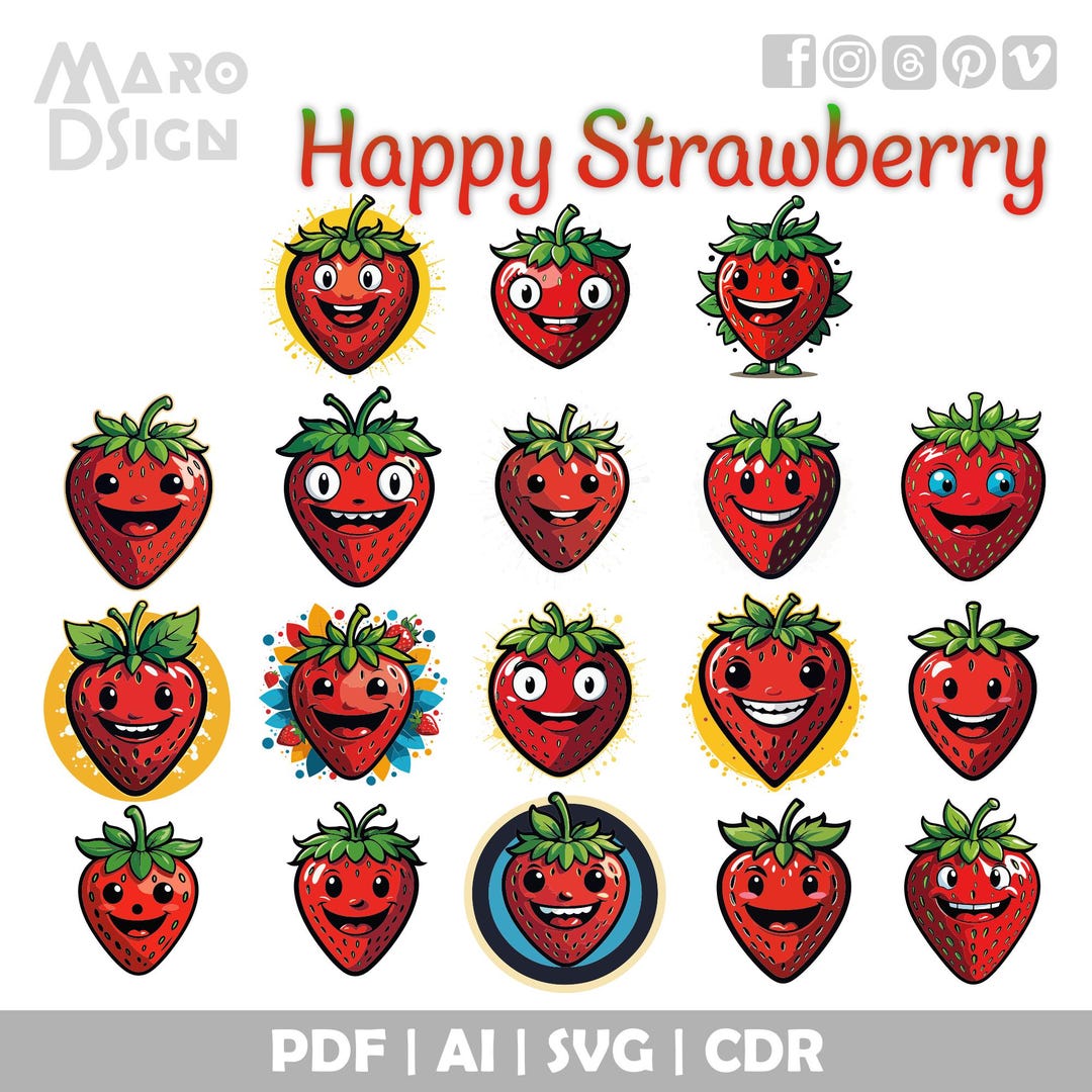 Happy Strawberry Clipart Bundle | Editable Vector Art of a Smiling ...