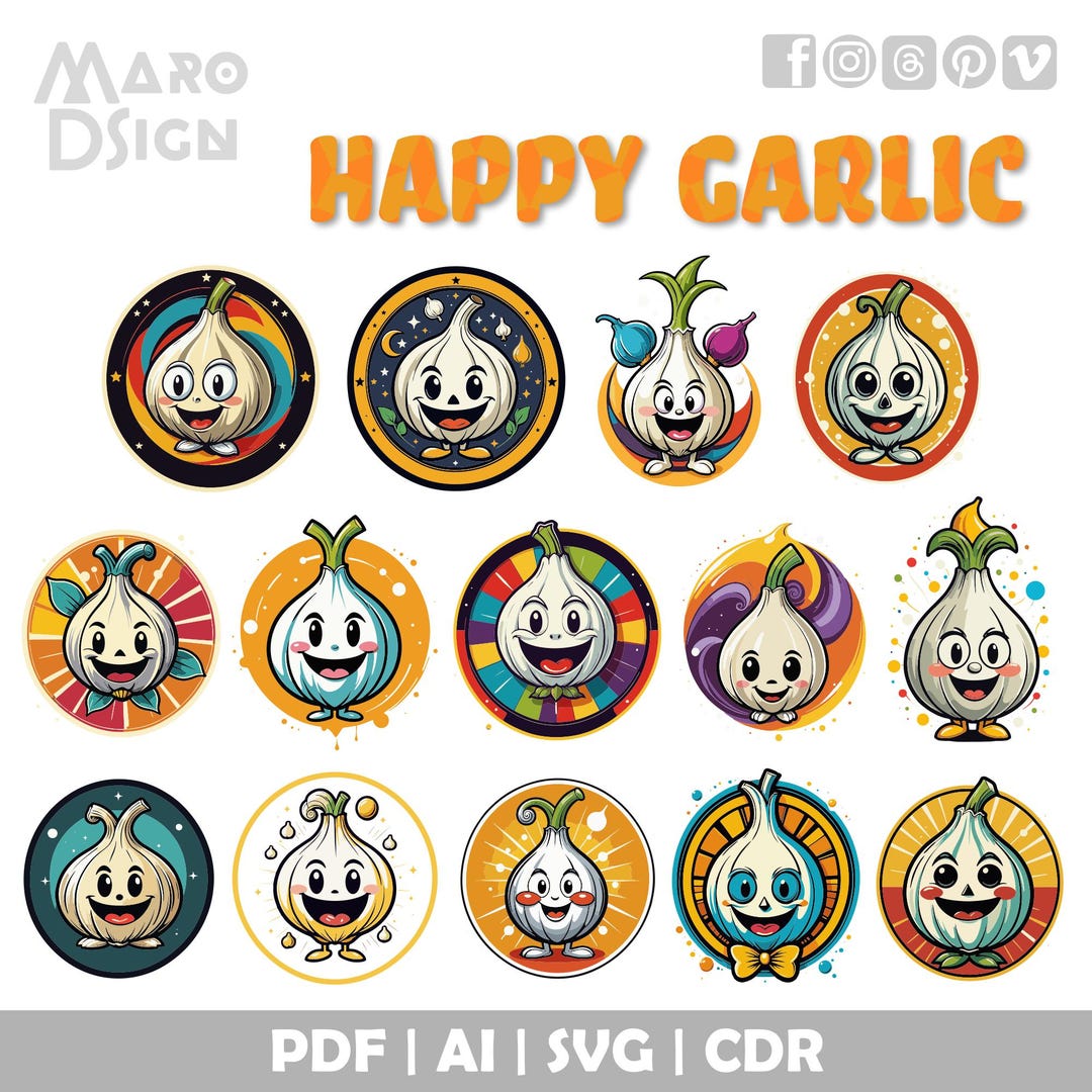 Happy Garlic Clipart Bundle | Cute and Quirky Smiling Illustration for ...