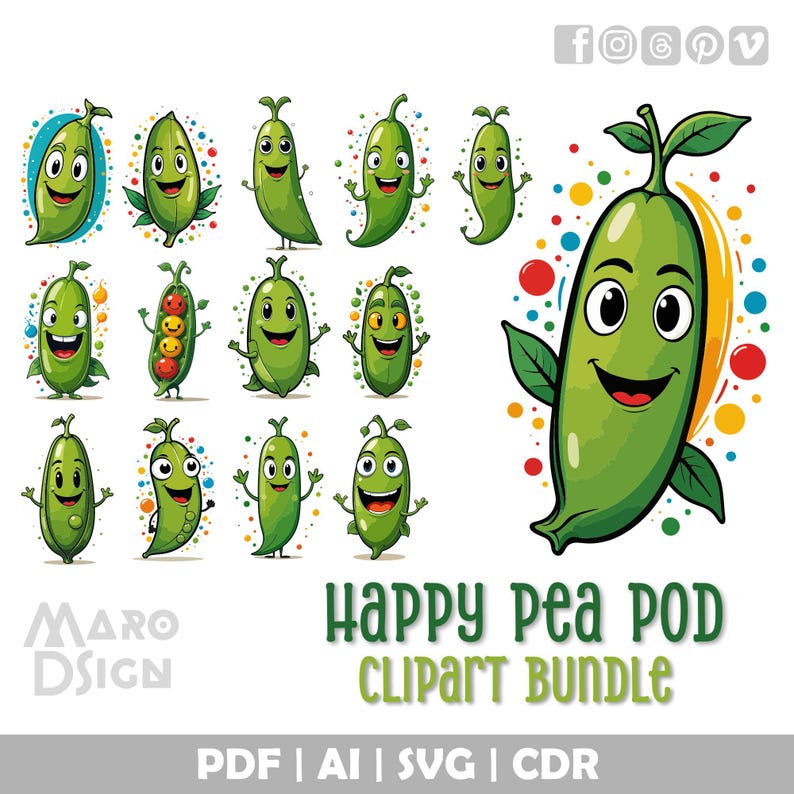 Happy Pea Pod Clipart Bundle | Adorable Peas in a Pod Illustration for ...