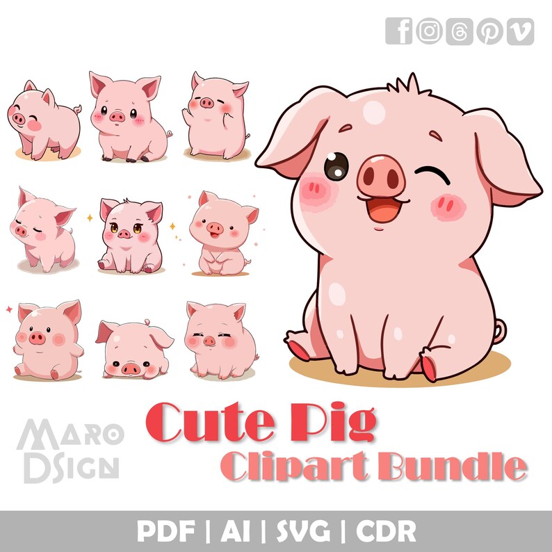 Cute Pig Clipart Bundle | Adorable Anime Piggy Illustration for ...