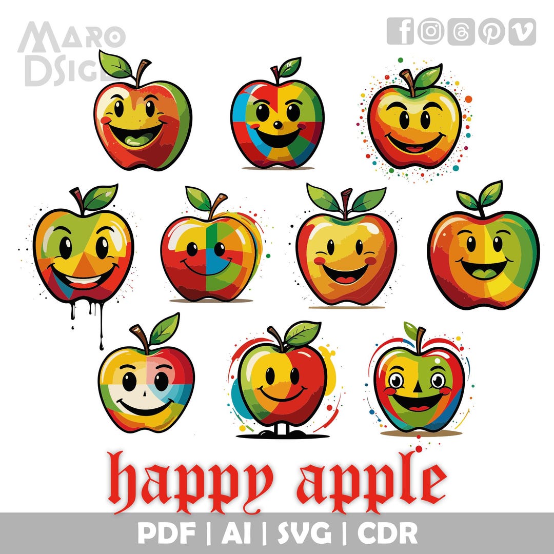 Happy Apple Clipart Bundle | Colorful, Playful Fruit Vector for DIY ...