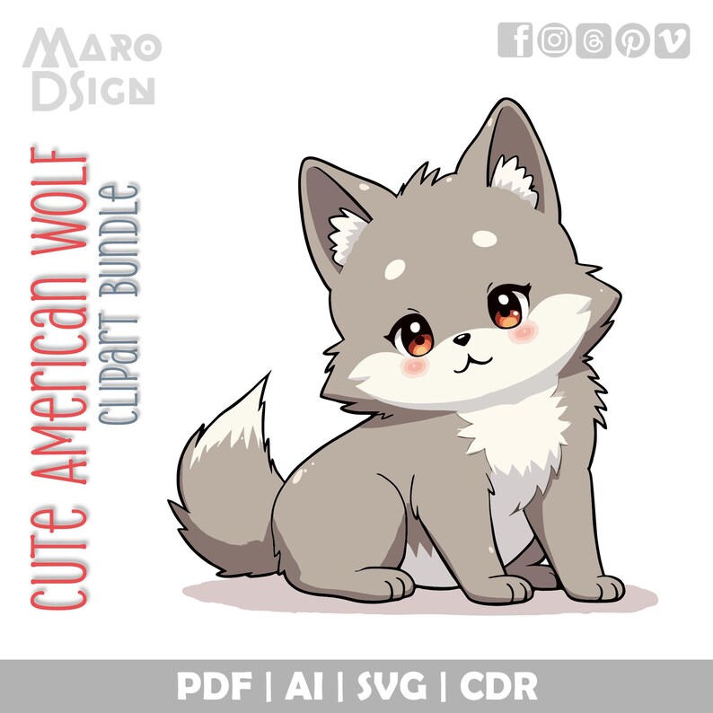 Cute American Wolf Clipart Bundle | Sweet Manga-style Wolf Cub ...