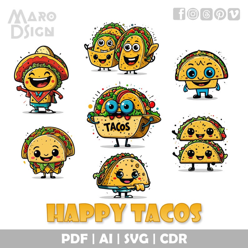 Happy Tacos Clipart Bundle | Fun & Colorful Taco Character, Perfect for ...