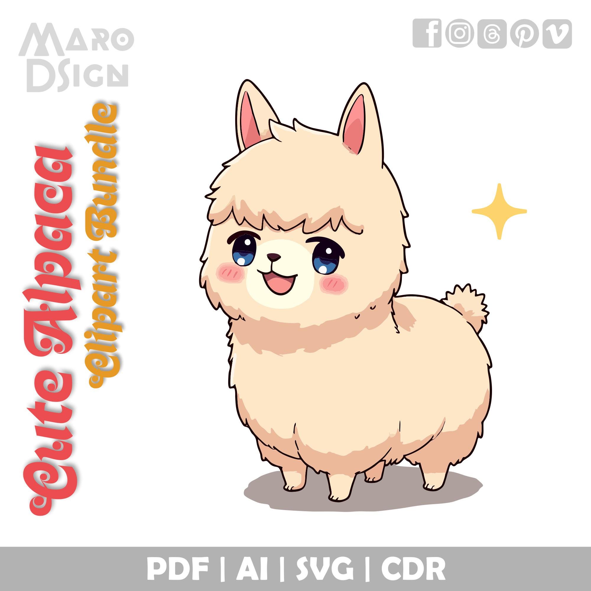 Cute Alpaca Clipart Bundle | Kawaii Pastel Alpaca Clipart With Big Eyes ...