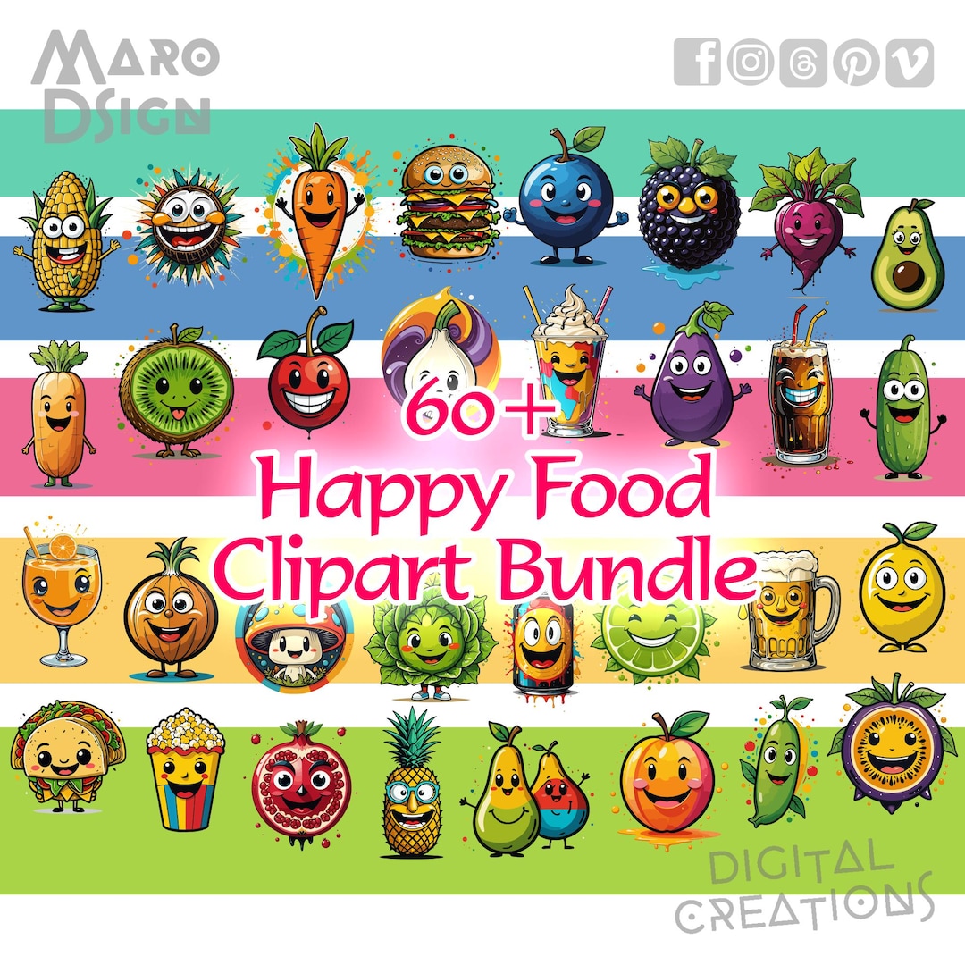 60+ Happy Food Clipart Bundle | Cheerful Cartoon Food Illustrations for ...