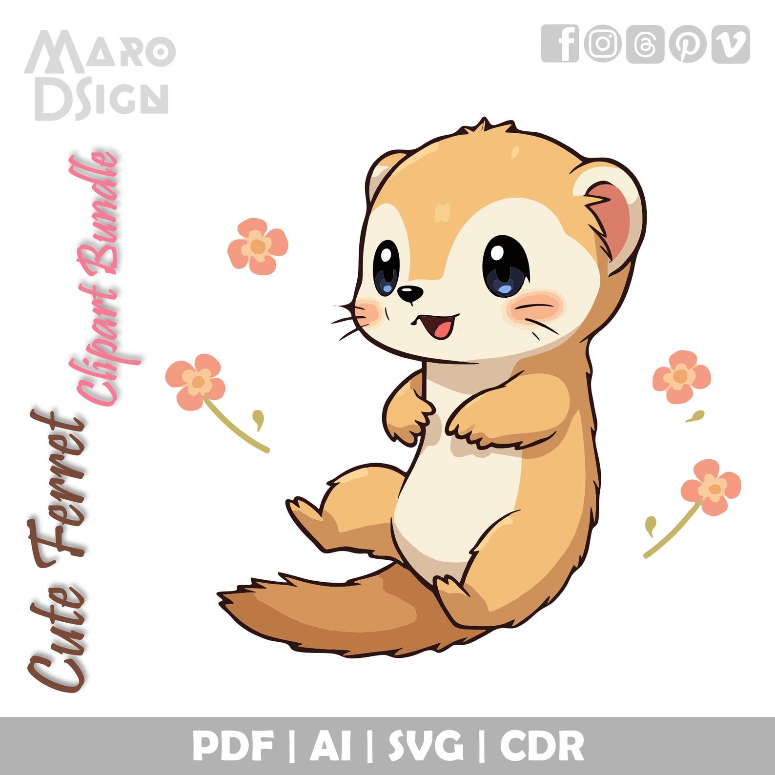 Baby Ferret Clipart Bundle | Chibi Pet Illustration With Big Eyes ...