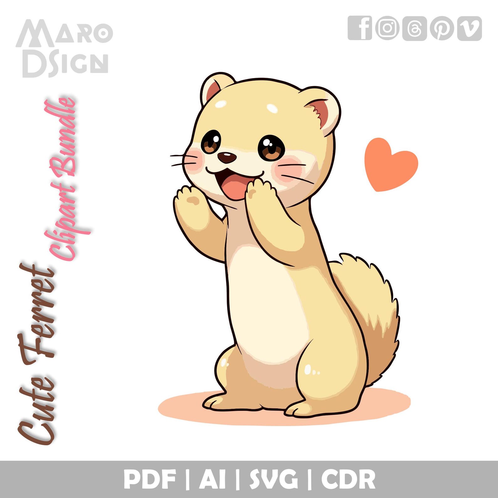Baby Ferret Clipart Bundle | Chibi Pet Illustration With Big Eyes ...