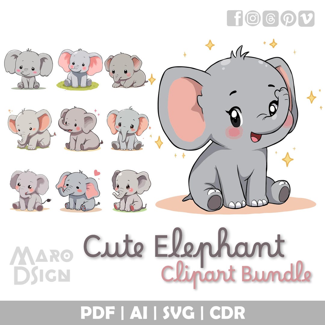 Cute Elephant Clipart Bundle | Kawaii Jungle Clipart in Manga Style for ...