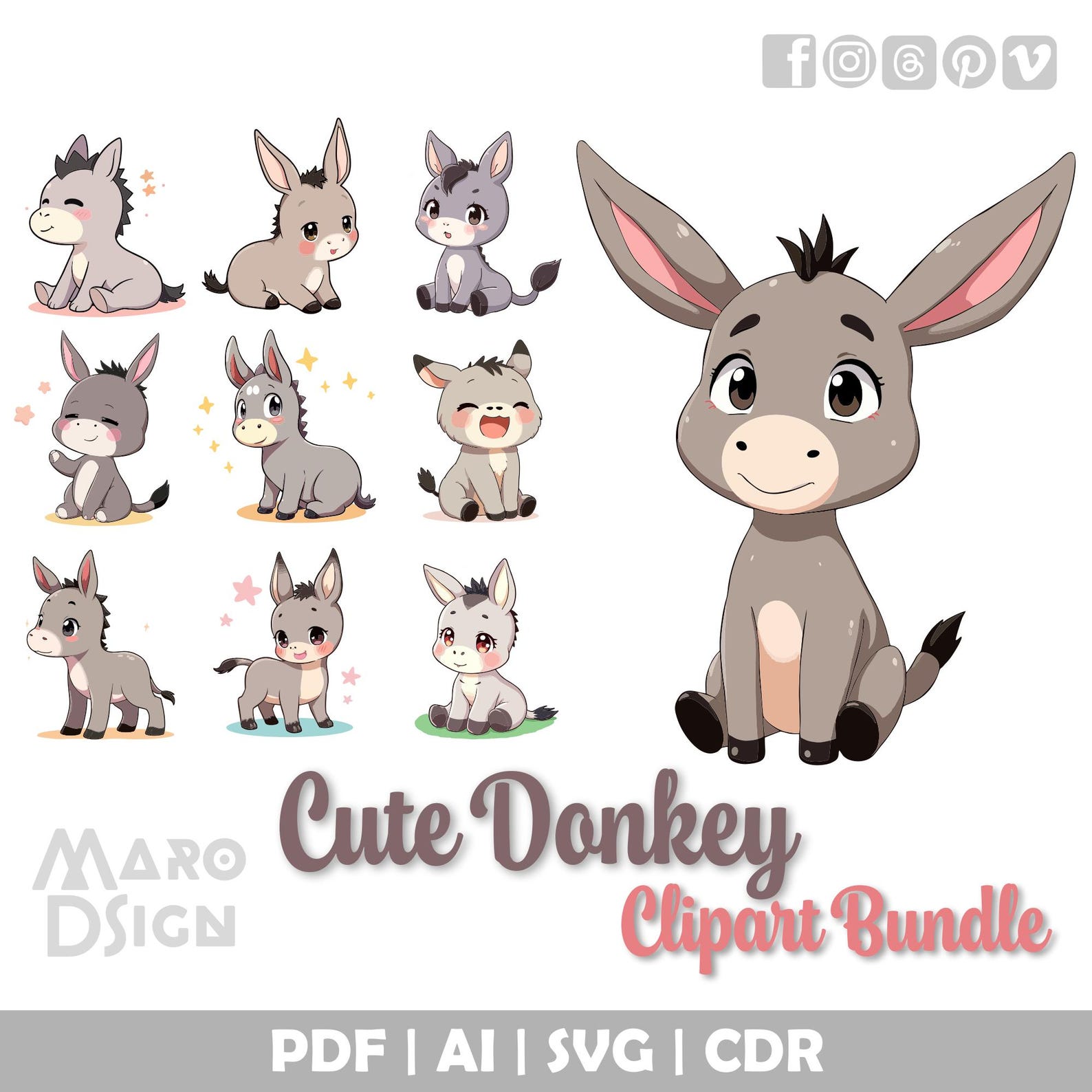 Cute Donkey Clipart Bundle | Adorable Manga Animal Character in Pastel ...