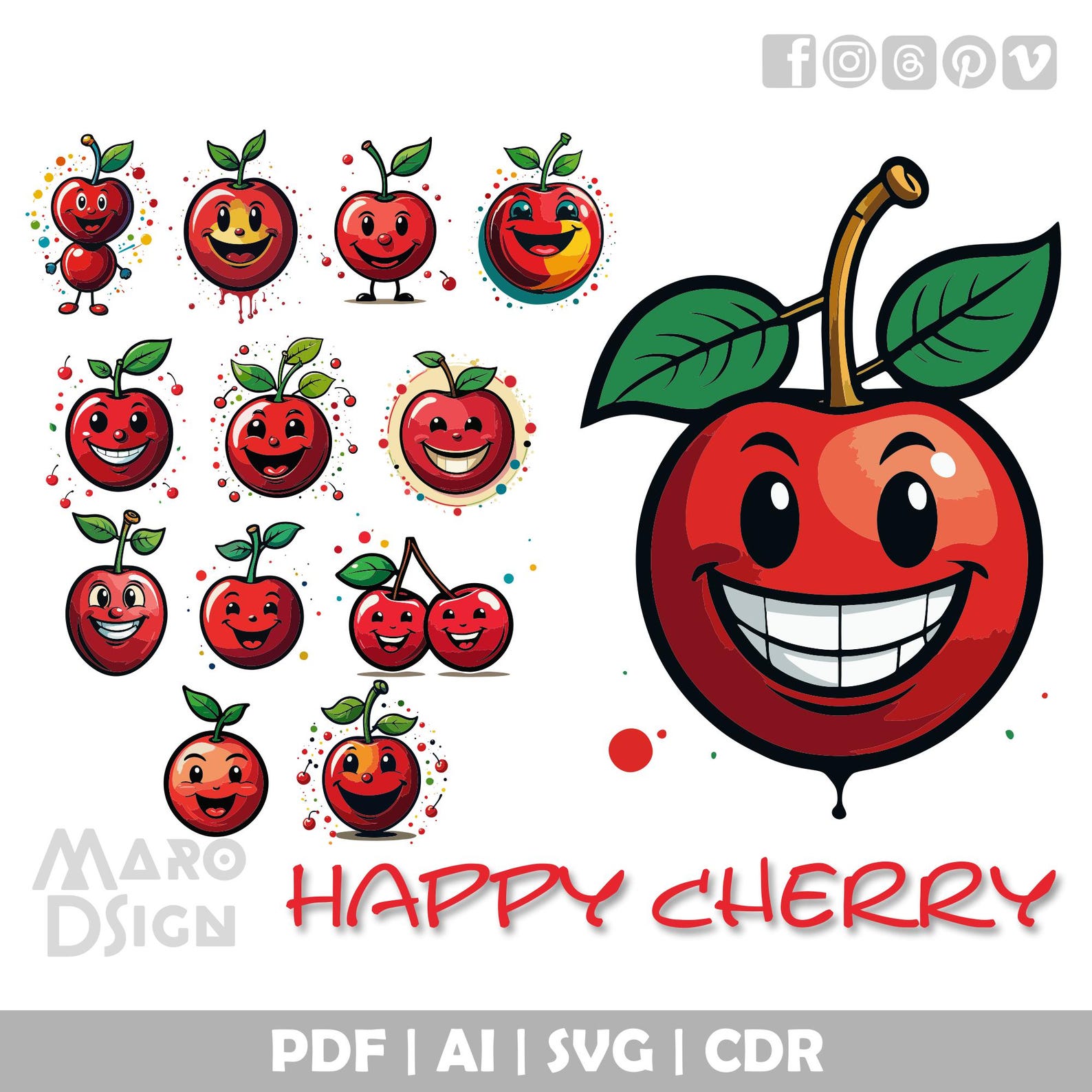 Happy Cherry Clipart Bundle | Fun, Editable Vector Art for Merch ...